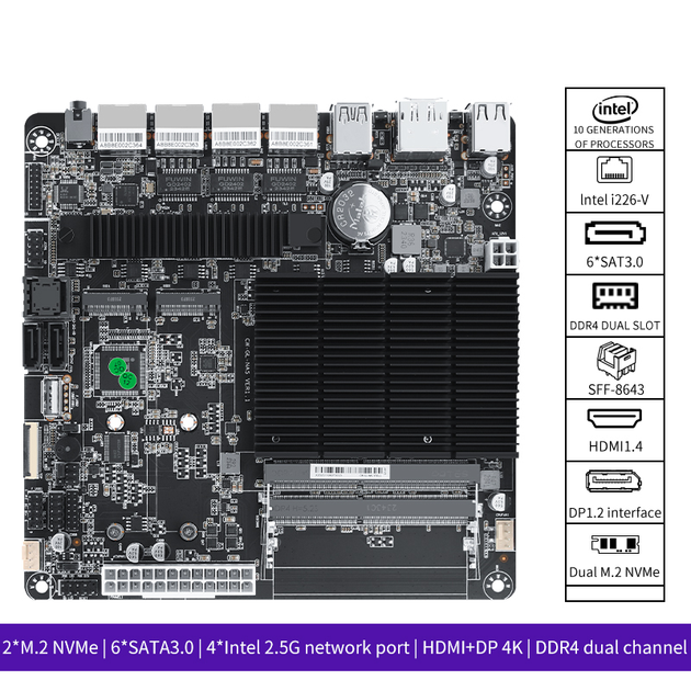 J4125 4x Intel i226-V 2.5G Nics NAS Motherboard 2x M.2 NVMe Six SATA3.0 ...